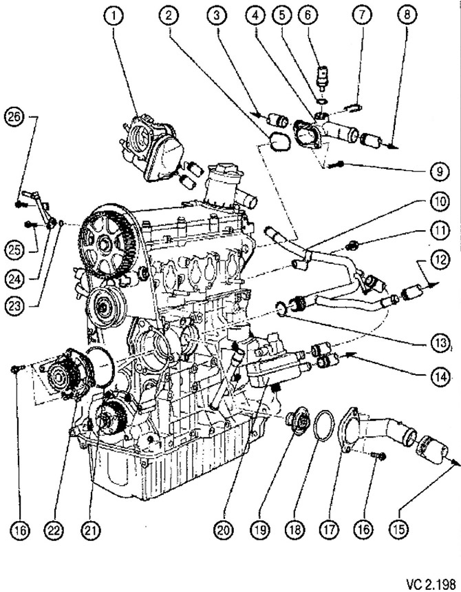Cooling system parts and components installed on the engine (Volkswagen ...